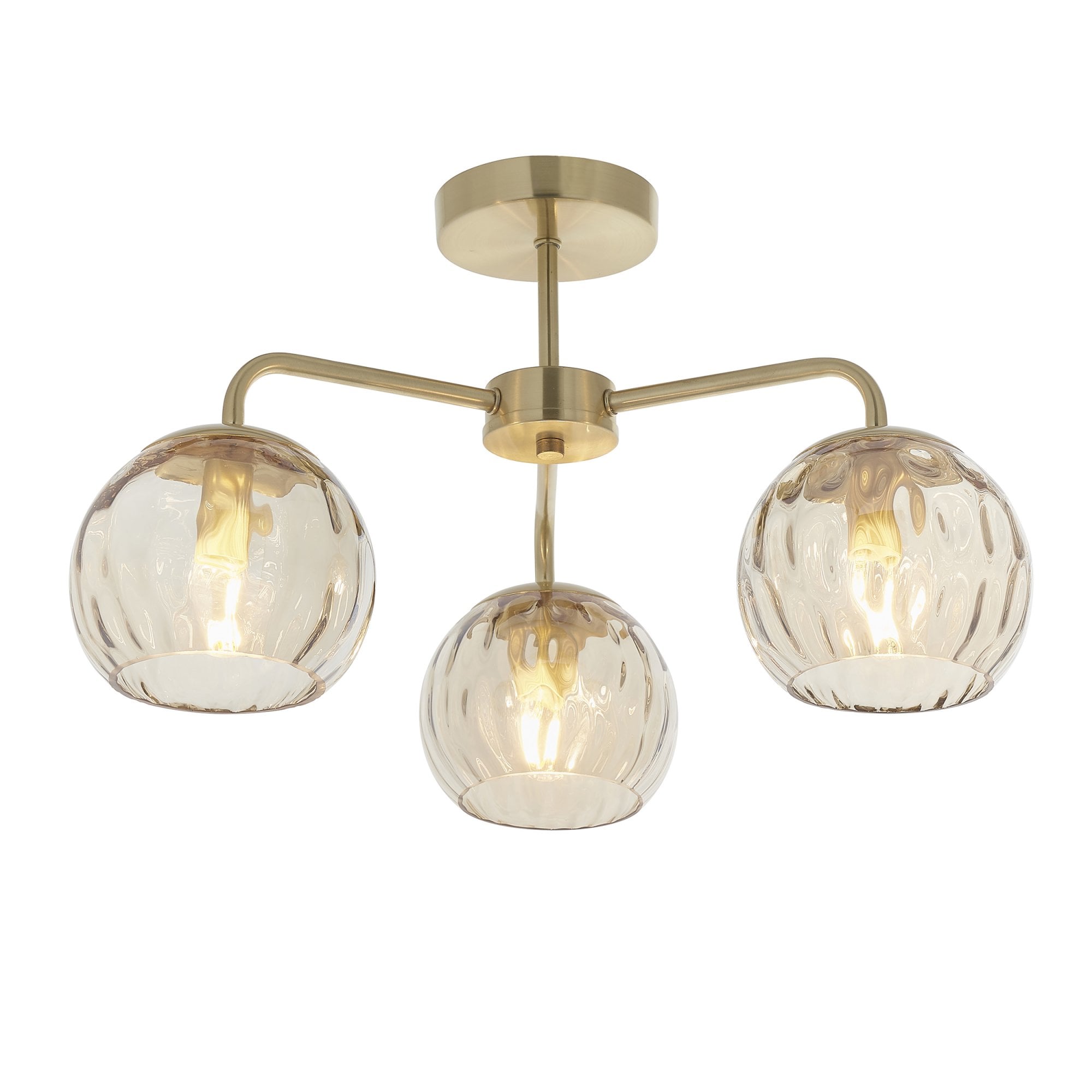 Endon Dimple 3 Light Semi Flush Fitting - Satin Brass Plate & Champagn