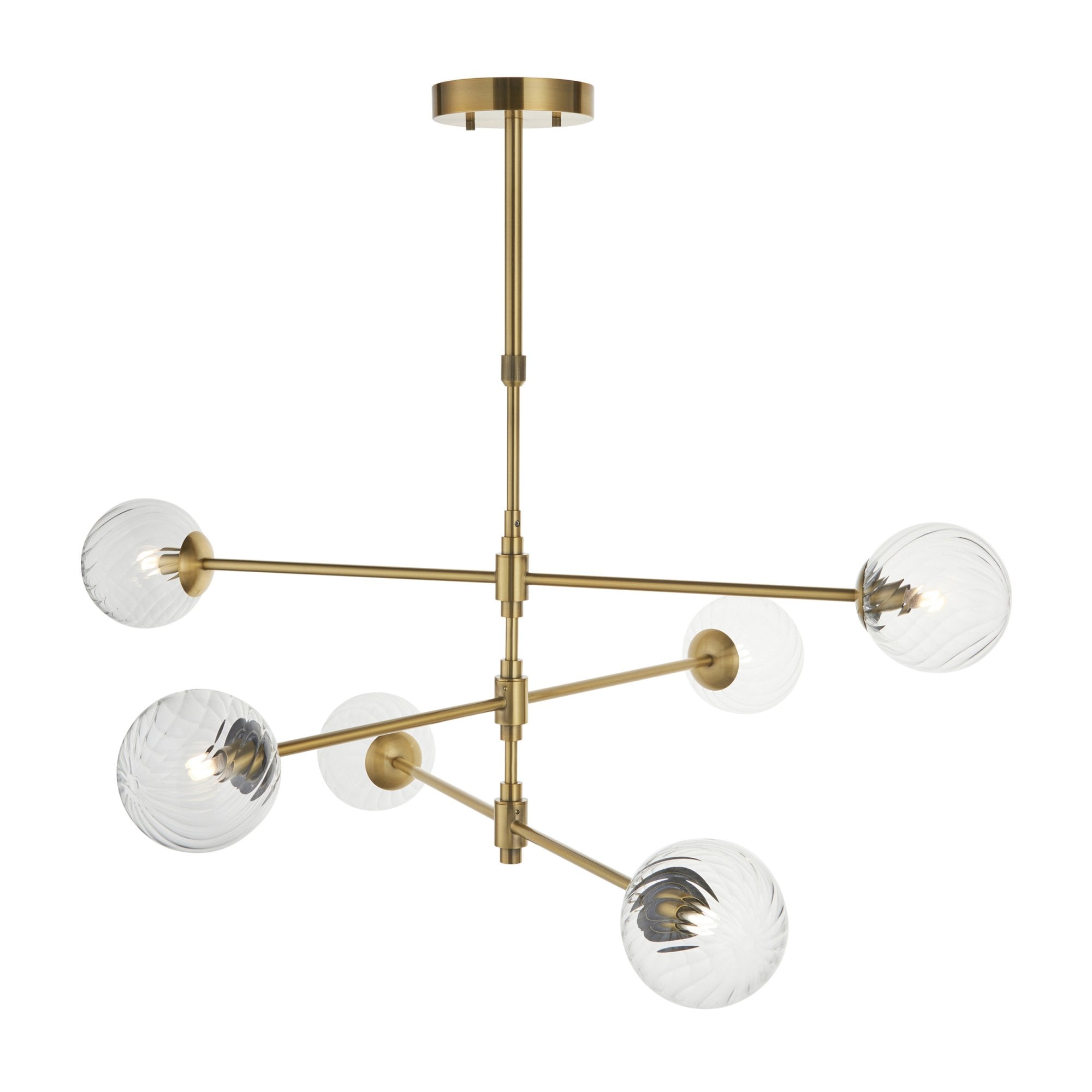 Utopia Atomic 6 Light Pendant - Brushed Aged Brass & Twisted Clear Gla