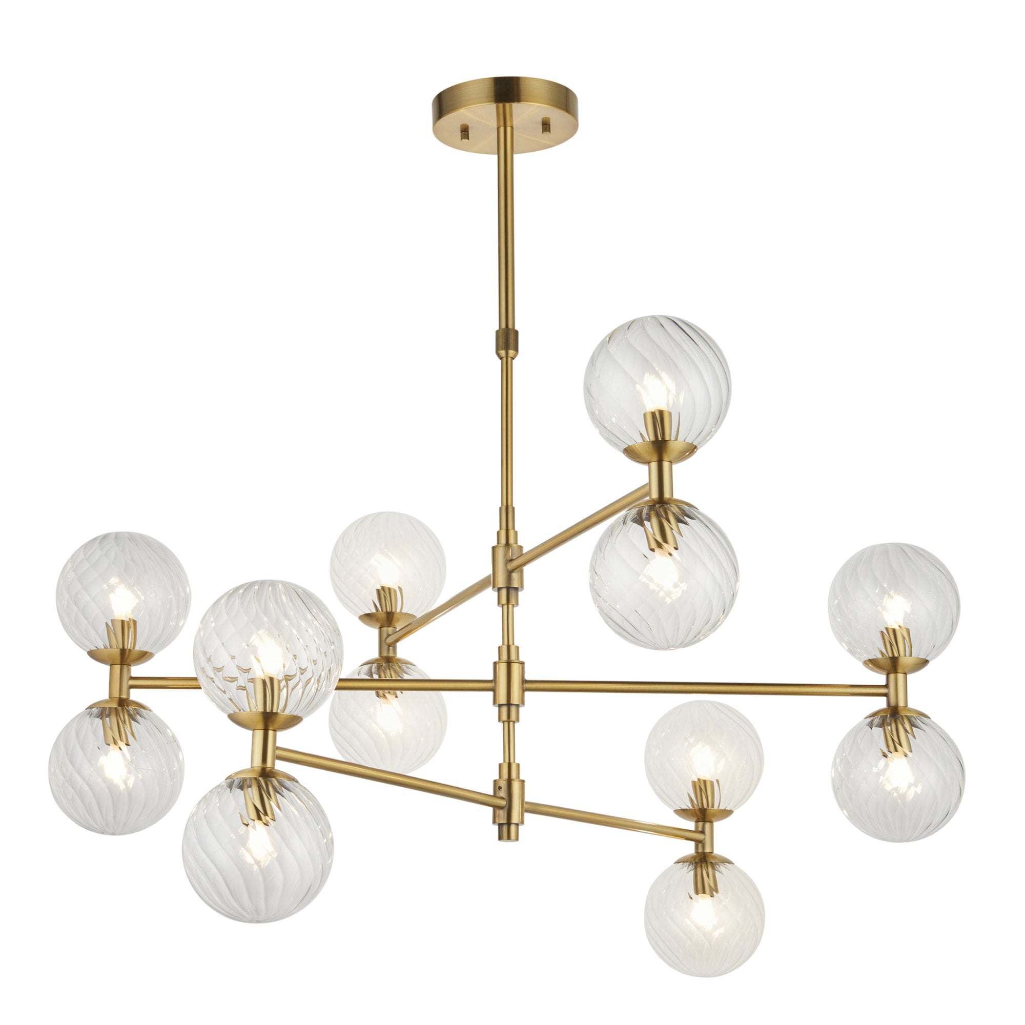 Utopia Atomic 12 Light Pendant - Brushed Aged Brass & Twisted Clear Gl