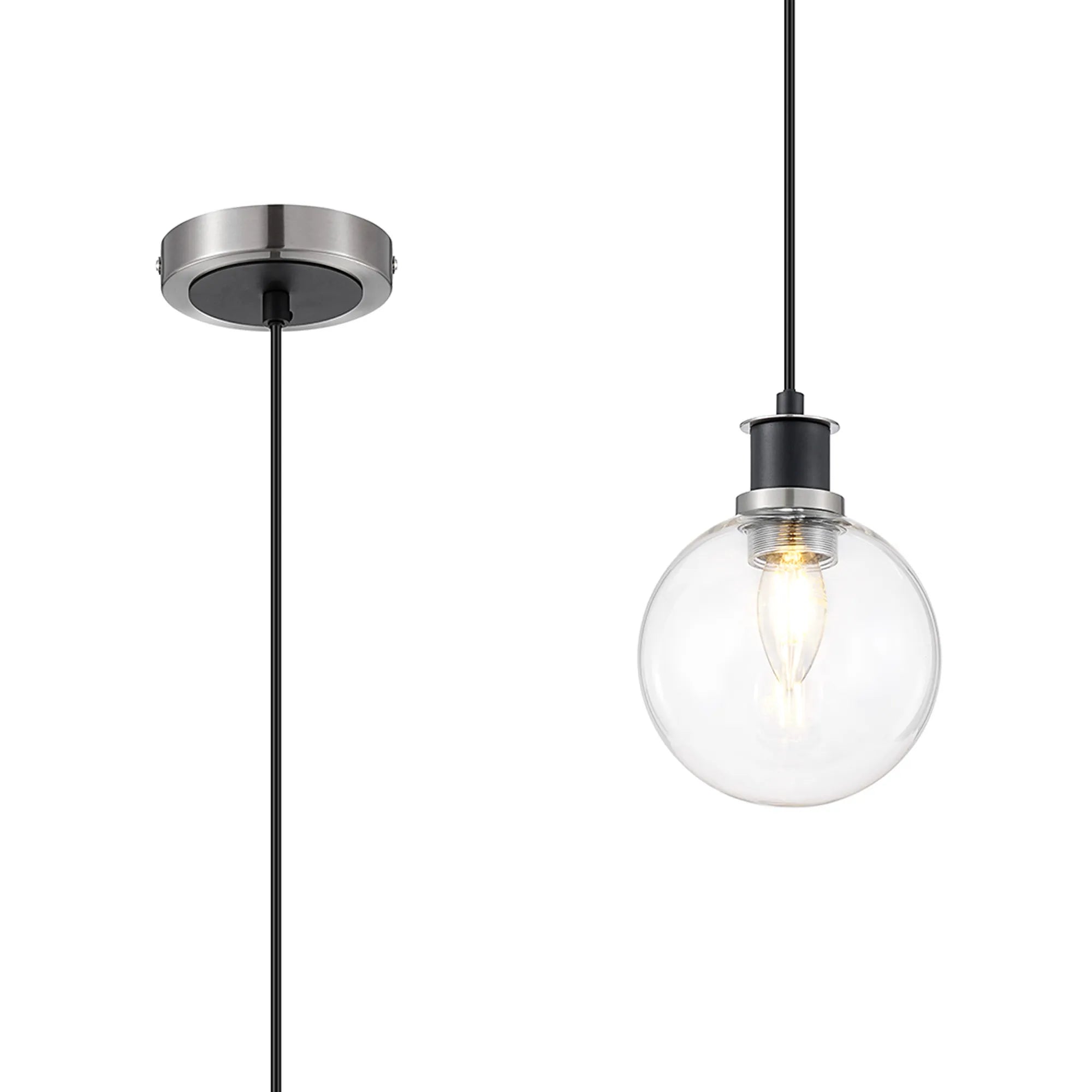 Fabula Sycamore Pendant with 15cm Round Glass Shade - Satin Nickel, Cl