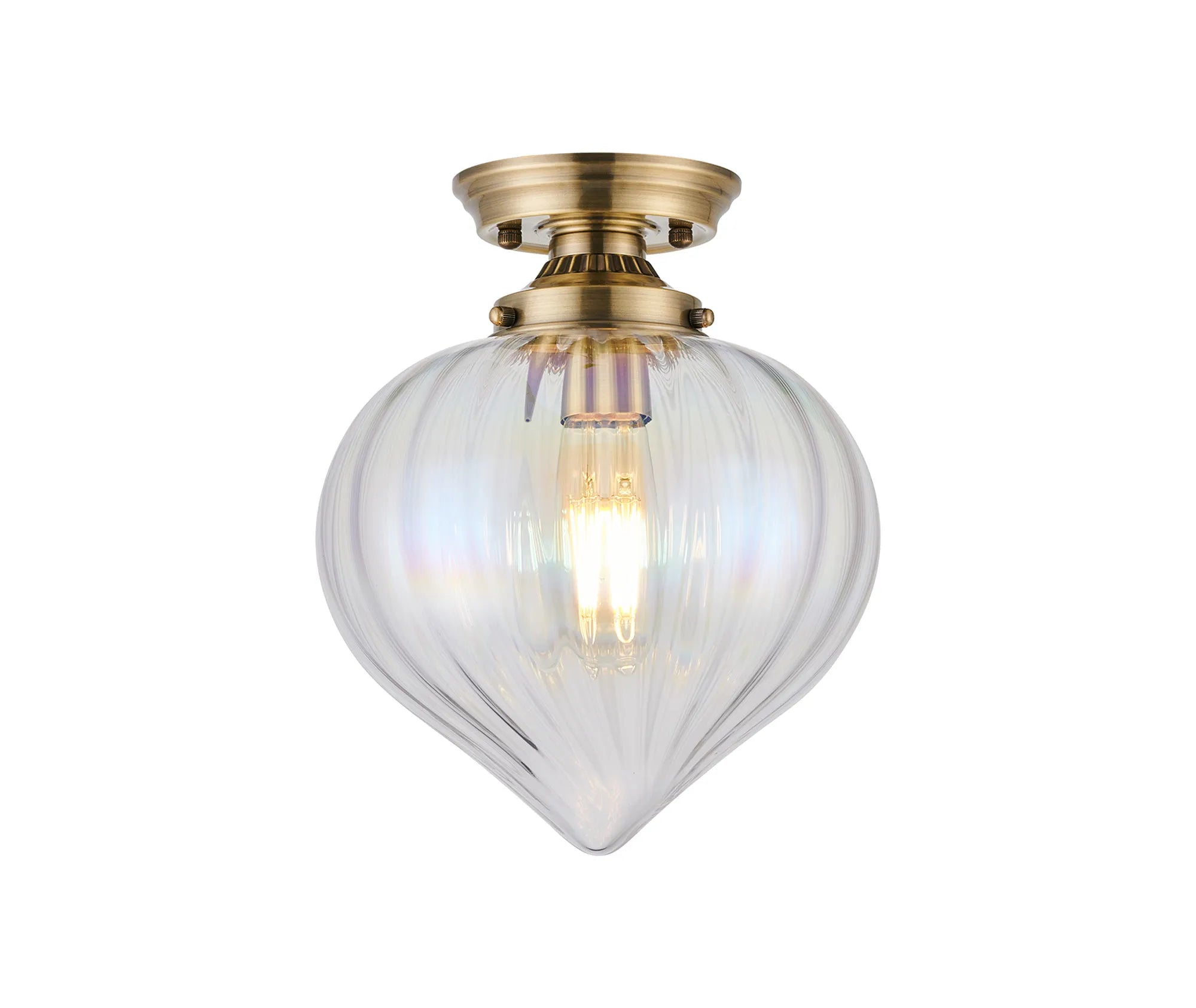 Grove Flush Ceiling Light with Flower Bud Shade - Antique Brass & Irid