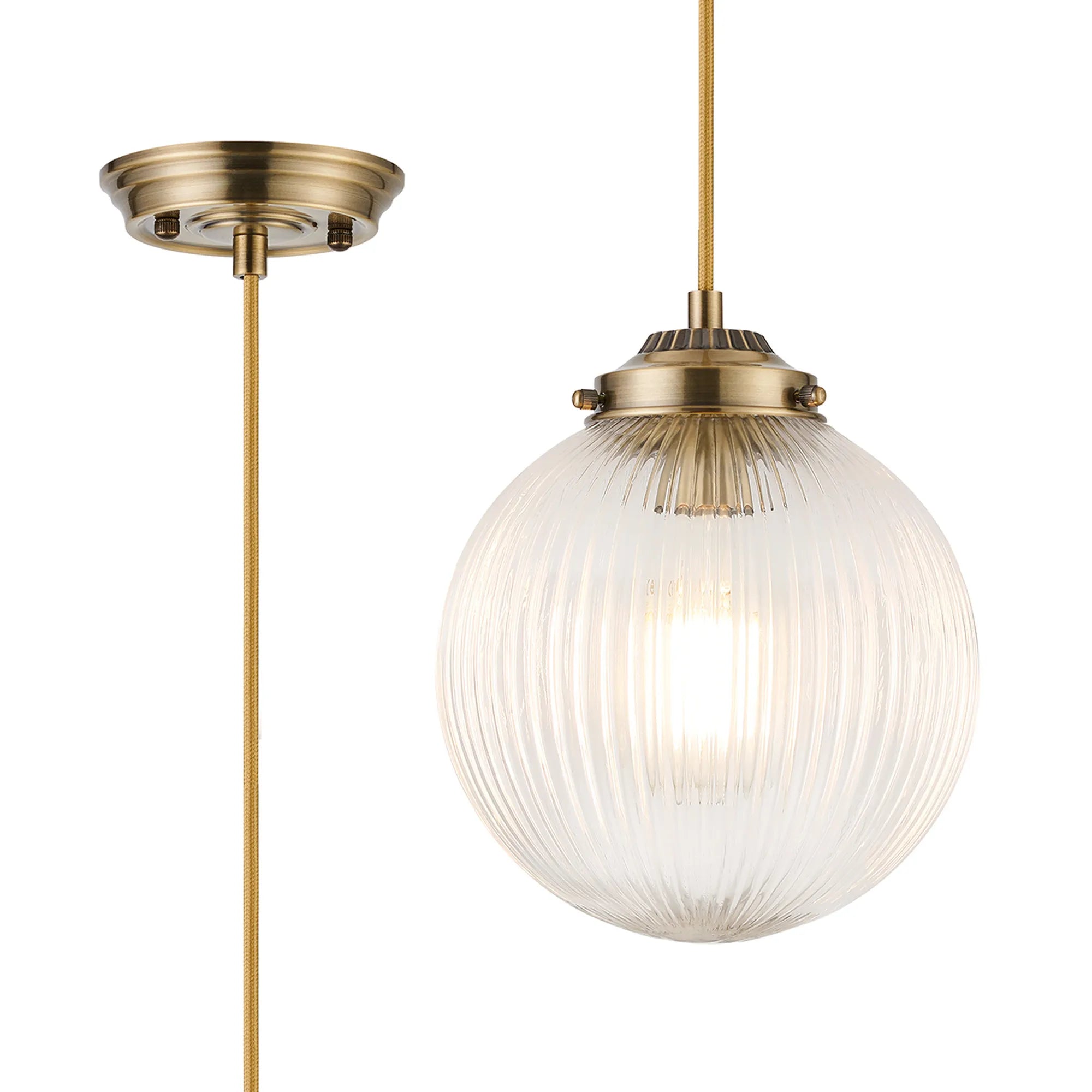Fabula Grove Single Pendant with 20cm Acorn Ribbed Glass -Antique Bras